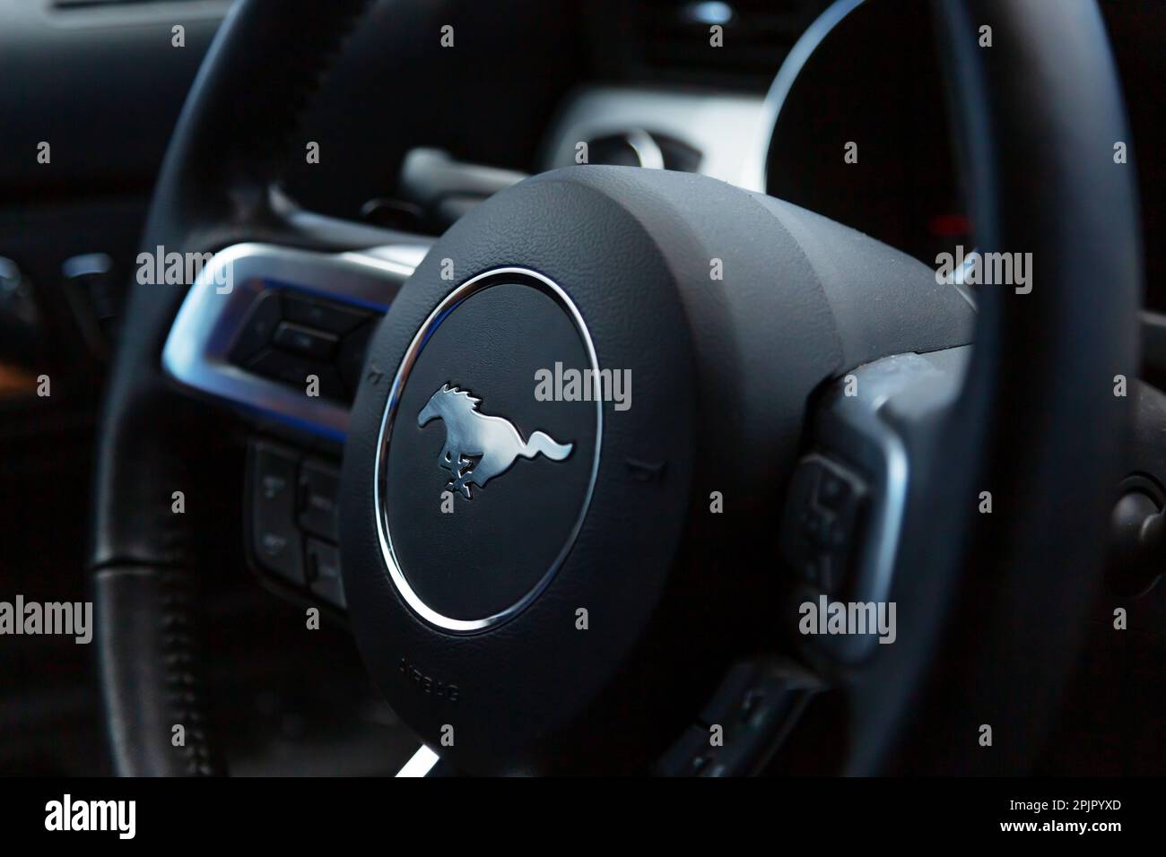Los Angeles, USA - April, 2017: Ford Mustang car steering wheel. Ford ...