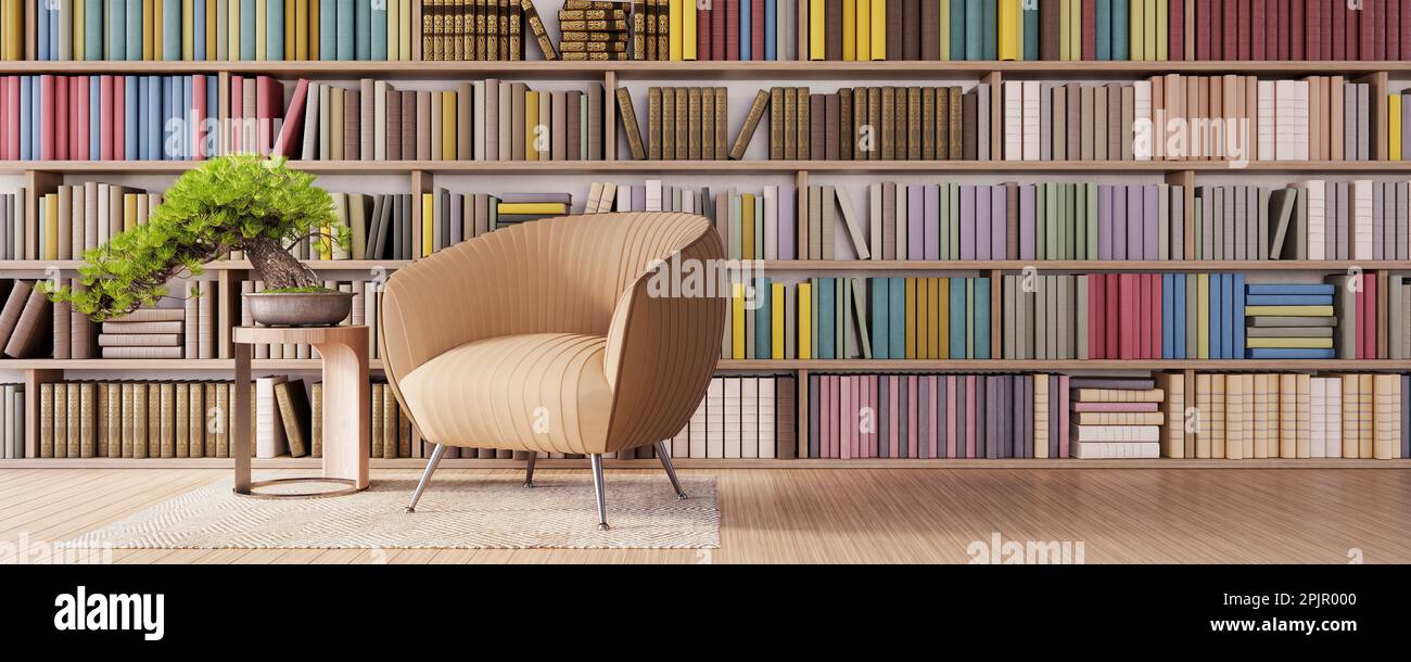 Living room interior design in the library with colorful books 3D ...