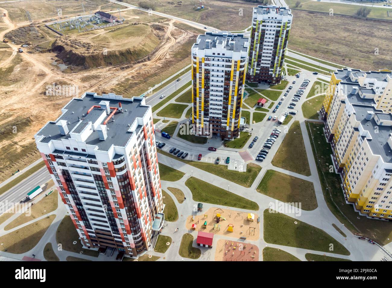 aerial panoramic view of modern residential area of high-rise buildings ...