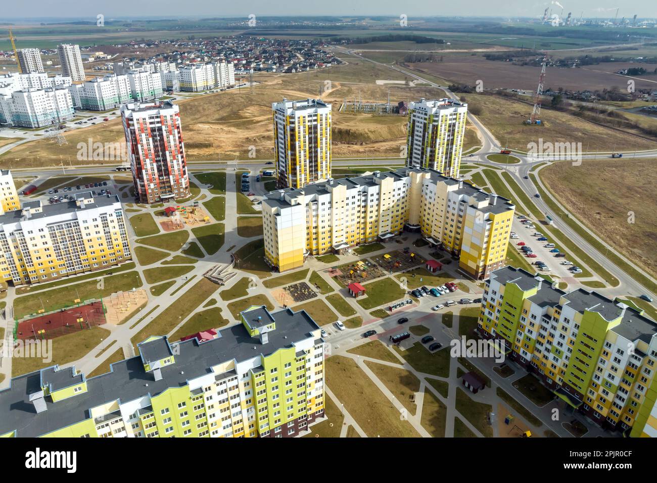 aerial panoramic view of modern residential area of high-rise buildings ...
