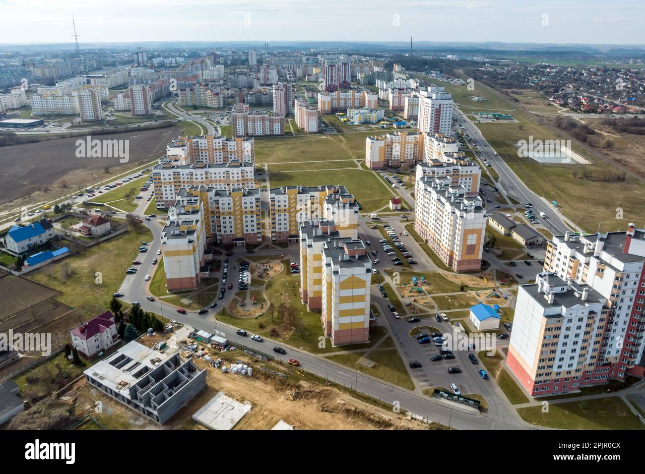 aerial panoramic view of modern residential area of high-rise buildings ...