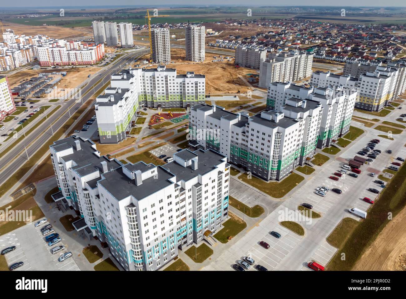 aerial panoramic view of modern residential area of high-rise buildings ...