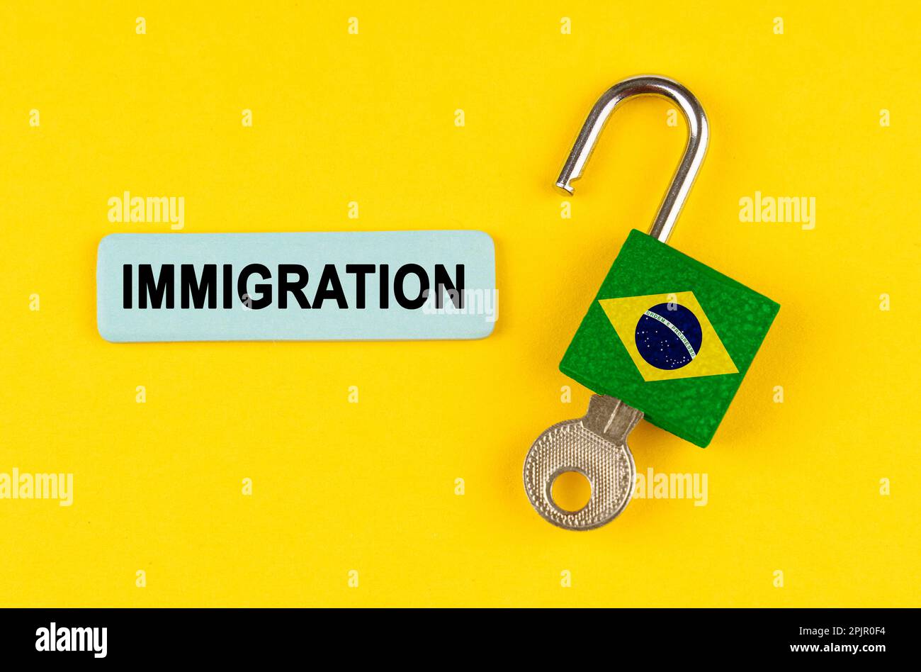 On a yellow surface, an open lock with the image of the flag of Brazil ...