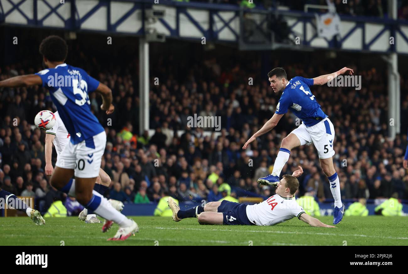Liverpool, UK. 3rd Apr, 2023. Michael Keane of Everton scores the ...