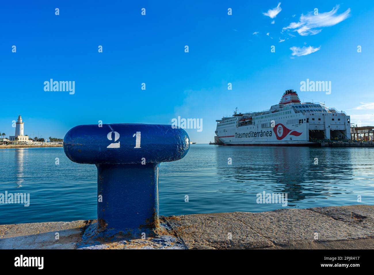 MALAGA, SPAIN - JANUARY 14, 2023: Mooring bollard on ferry background ...