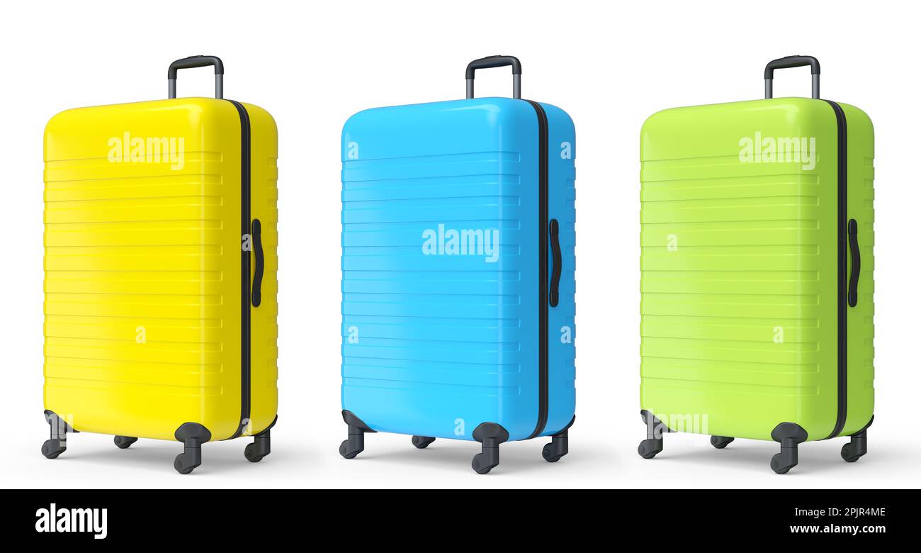 Set of luggage with beach accessories for summer holidays on white ...