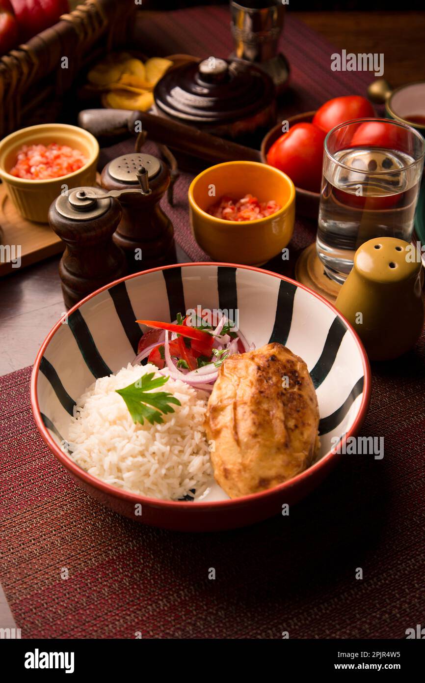 Papa rellena stuffed potato Peruvian food buffet table Assorted dishes ...