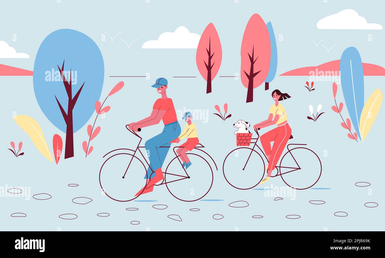 Family traveling on bike. Parents, children and dog in bascet. World ...