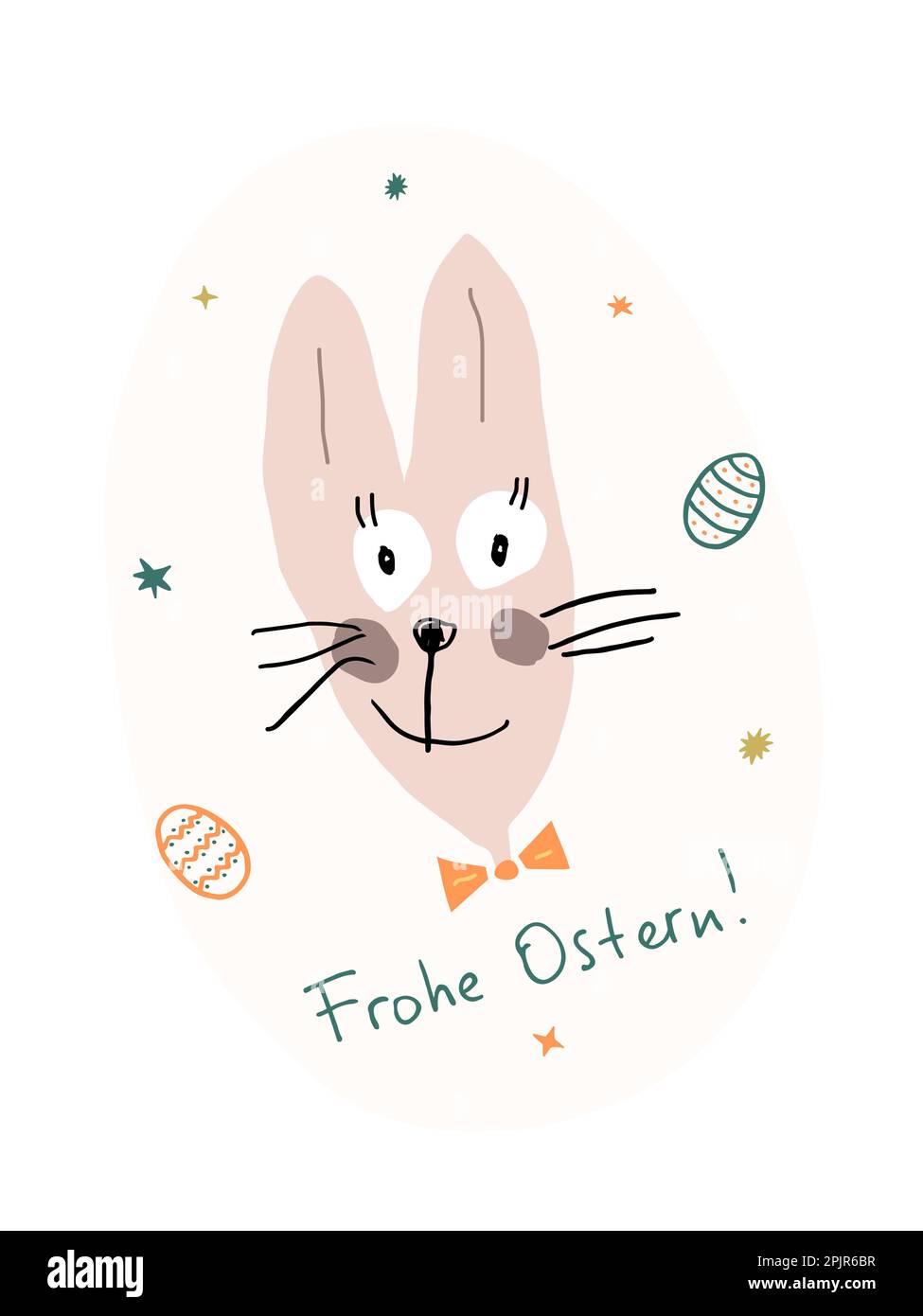 Cute funny Easter bunny with the inscription Frohe Ostern, which means ...