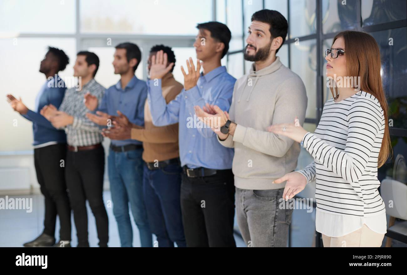 Close up side profile, different participants business people stand and ...