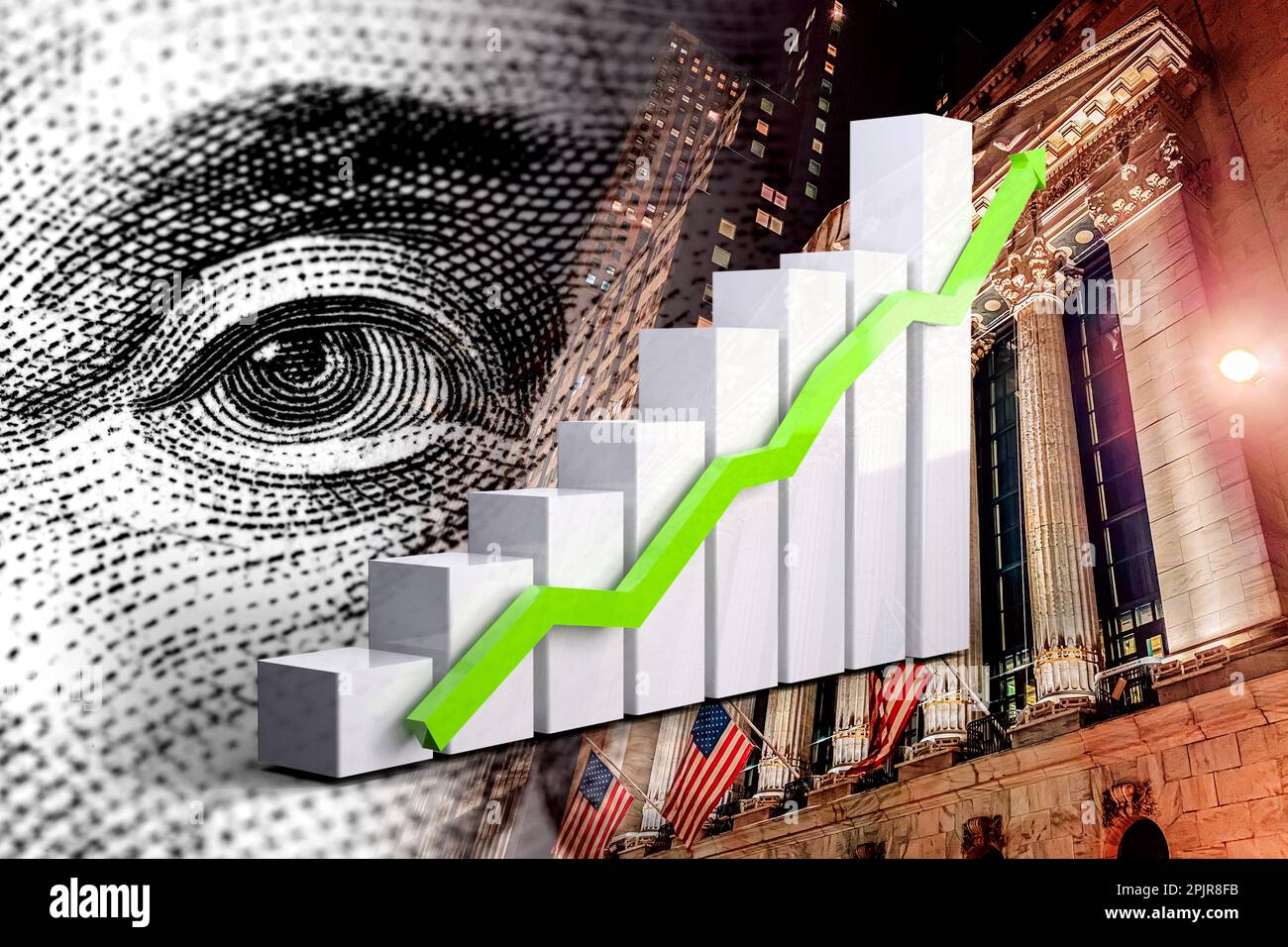 Economy graph: up arrow, cash dollar bill and New York Stock Exchange ...