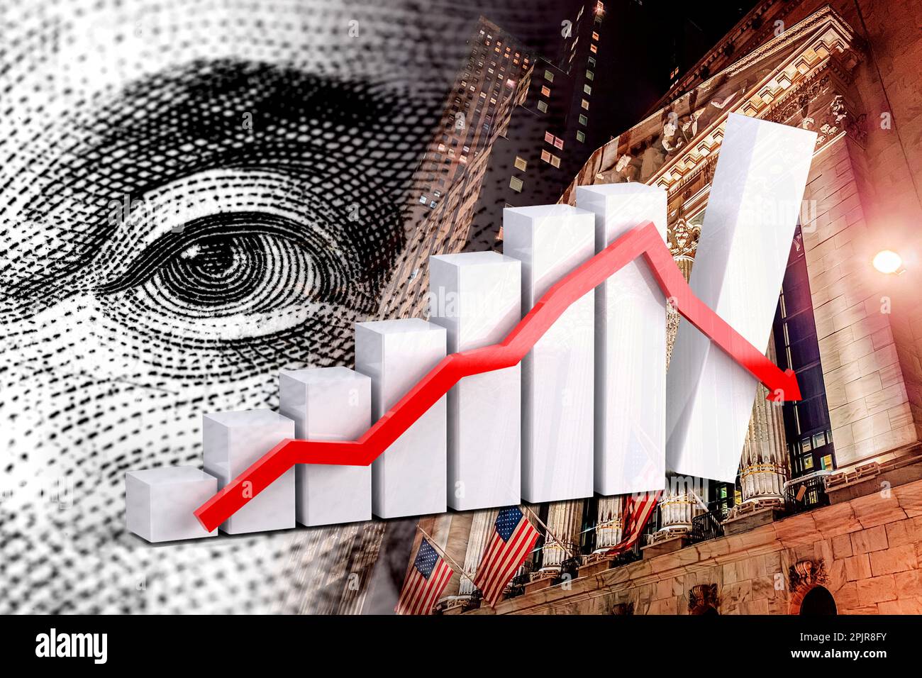 Economy graph: down arrow, cash dollar bill and New York Stock Exchange ...