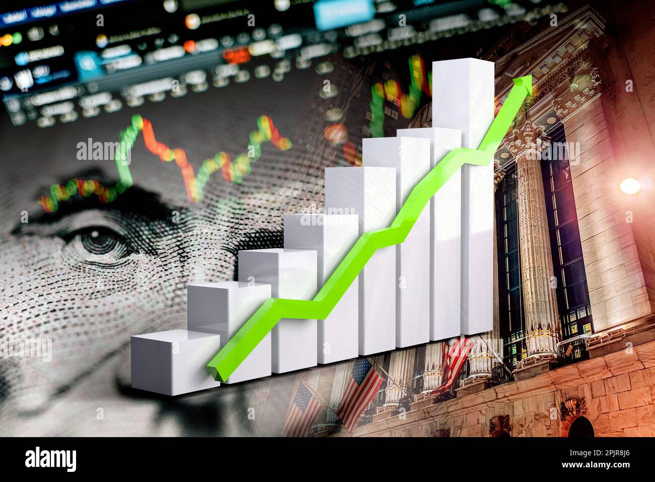 Economy graph: up arrow, cash dollar bill, stock market indicators and ...