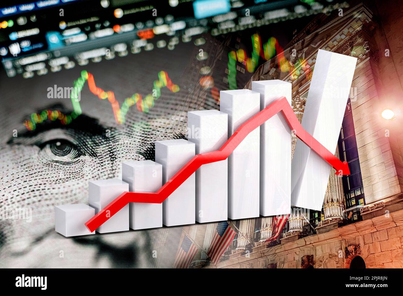 Economy graph: down arrow, cash dollar bill, stock market indicators ...