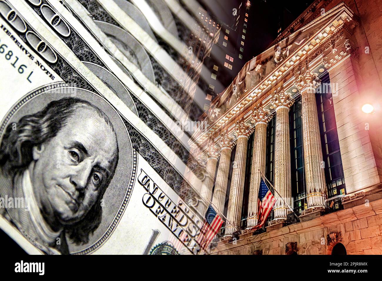 Cash dollar bills and New York Stock Exchange (economy, stocks, success ...