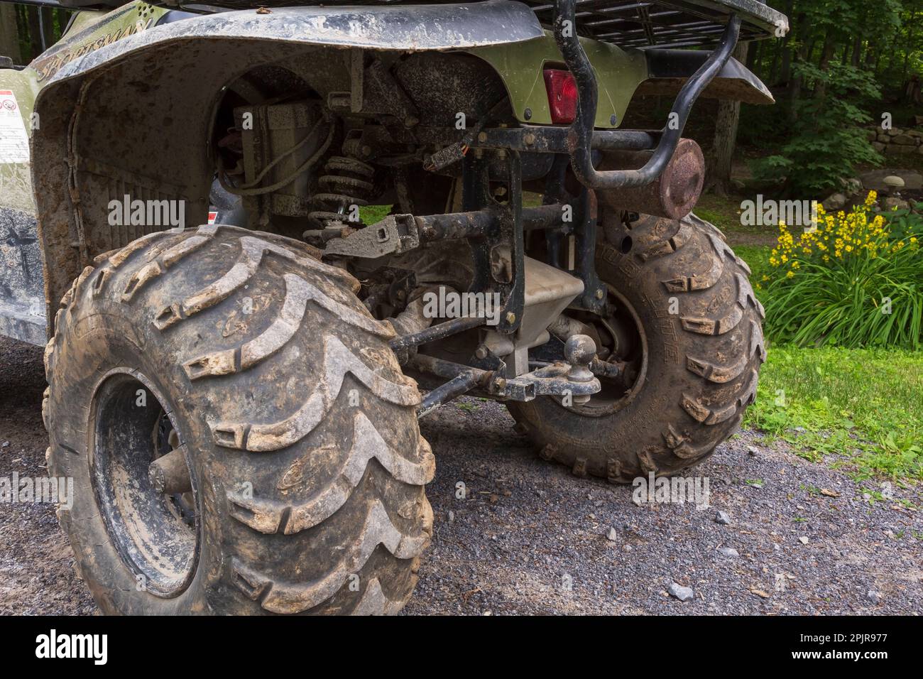 Black rear rubber tires covered with dried mud on All Terrain Vehicle ...