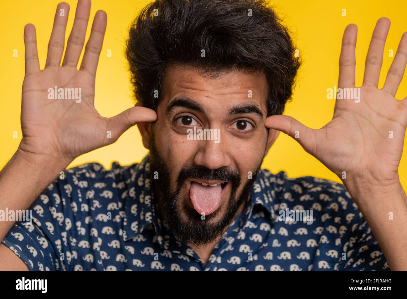 Young indian man showing tongue making childish faces at camera ...