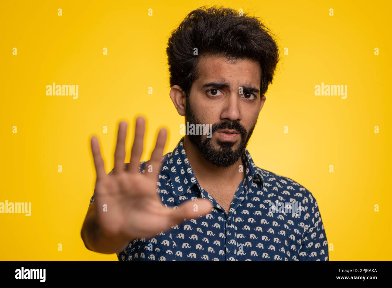 Indian man say No hold palm folded crossed hands in stop gesture ...