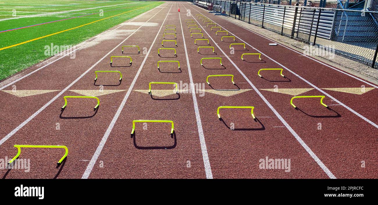 Four rows of yellow six inch mini hurdles set up in lanes on a track for runners to run over ...