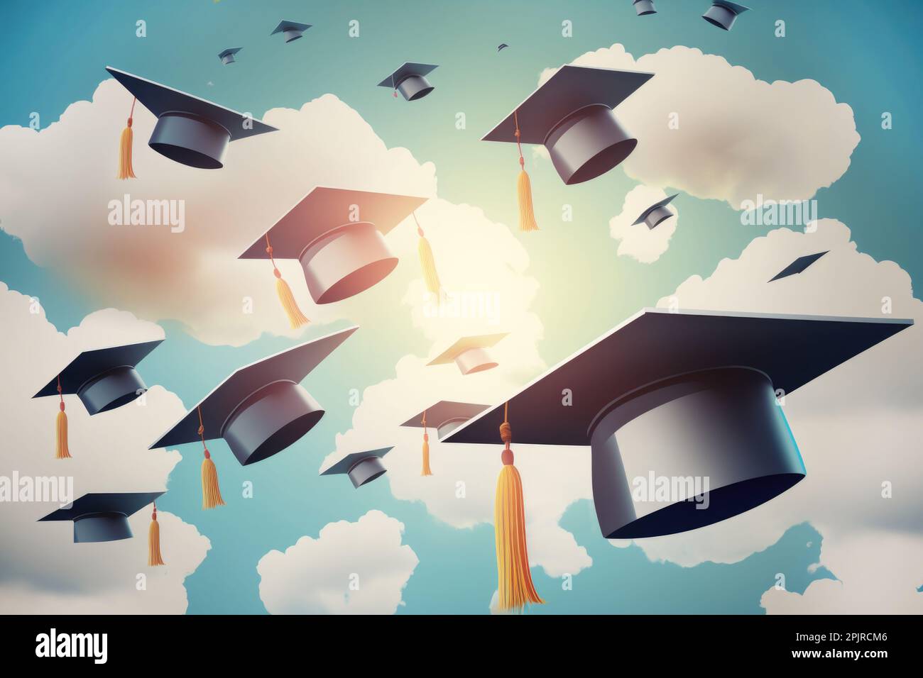 Graduation cap thrown into the blue sky. Graduation from an educational ...