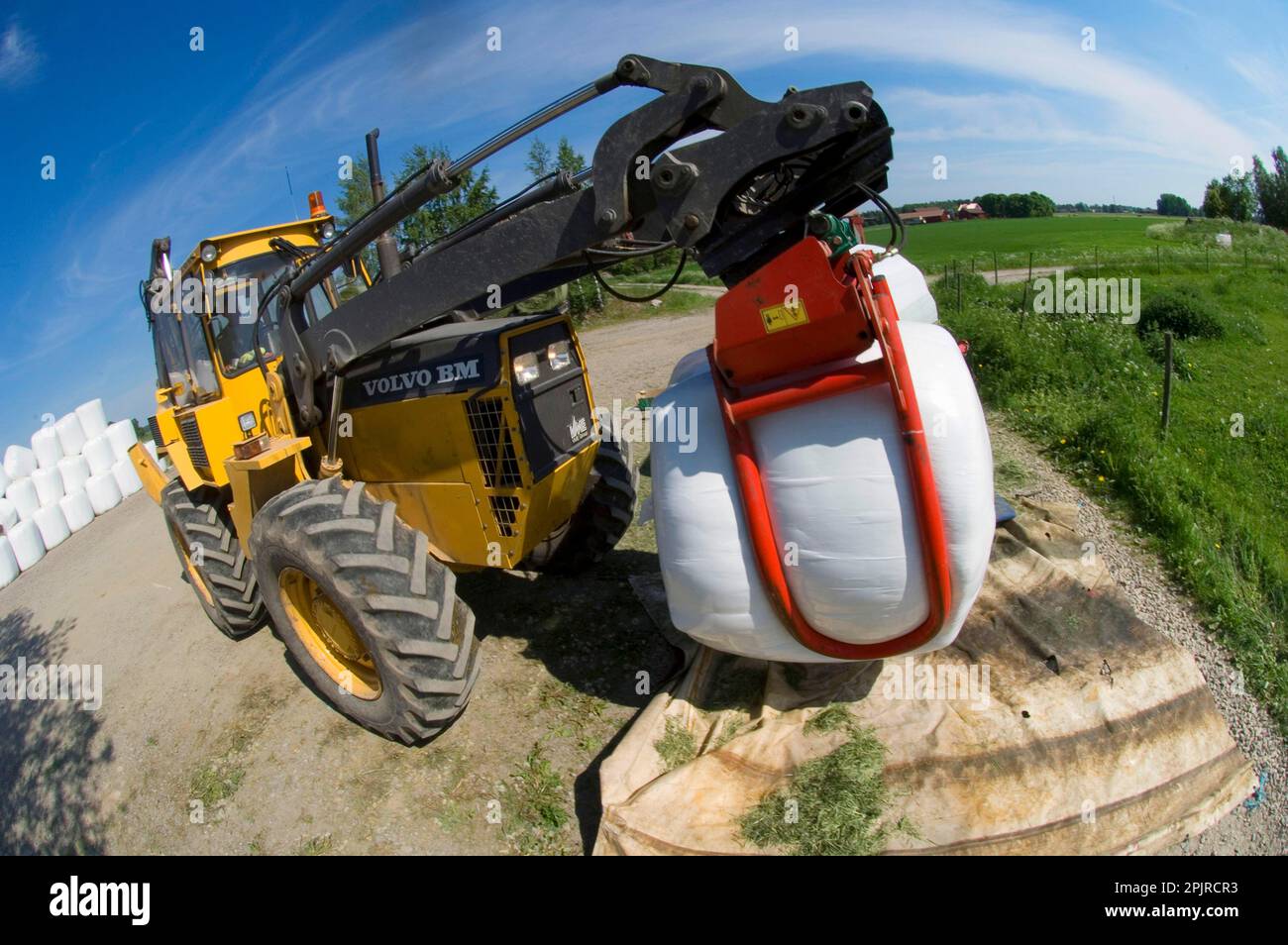 Plastic wrapped round silage bales stacked on a pile with mechanical ...
