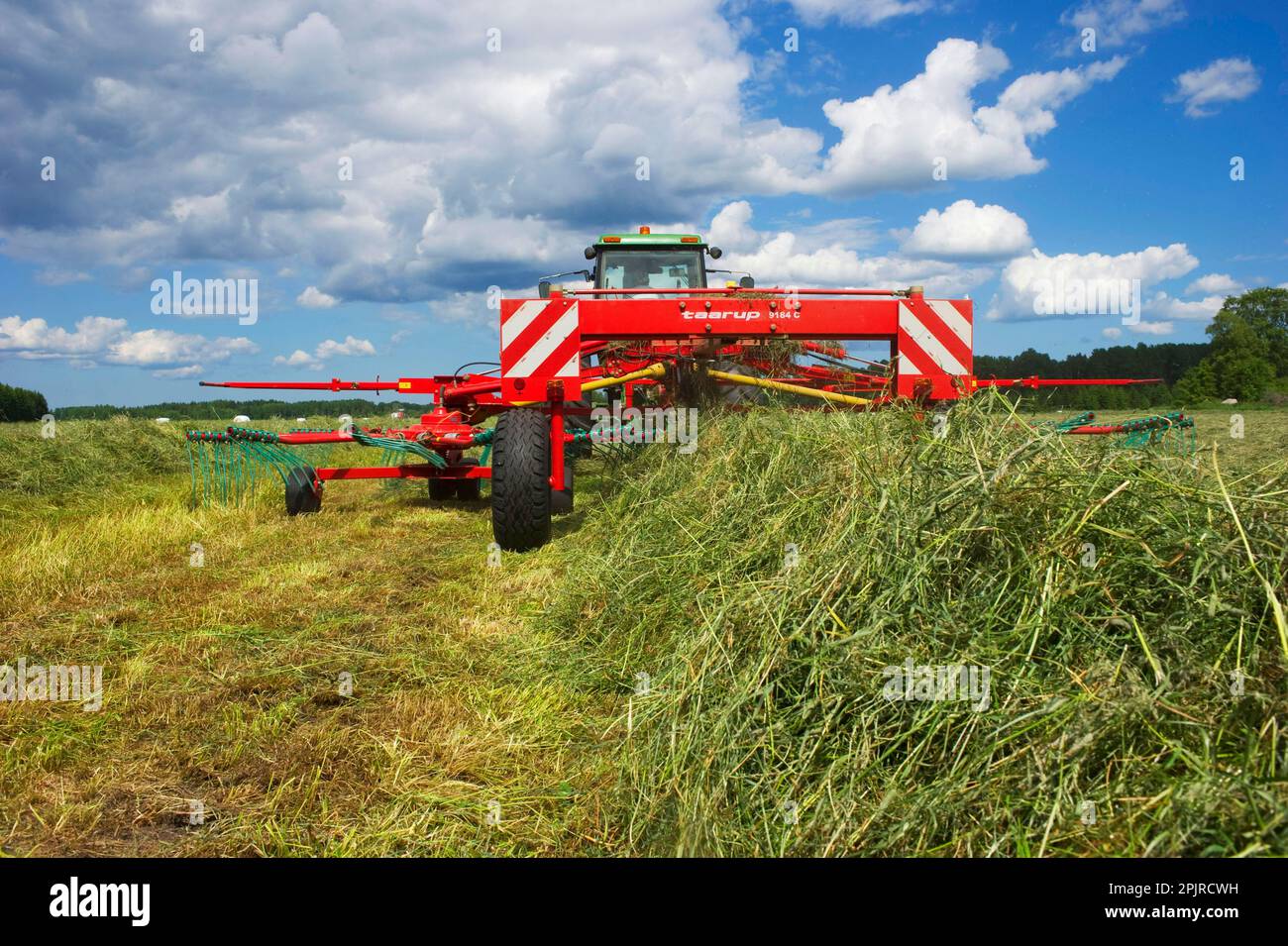 Silage harvest, tractor with double tedder, turning cut grass for ...