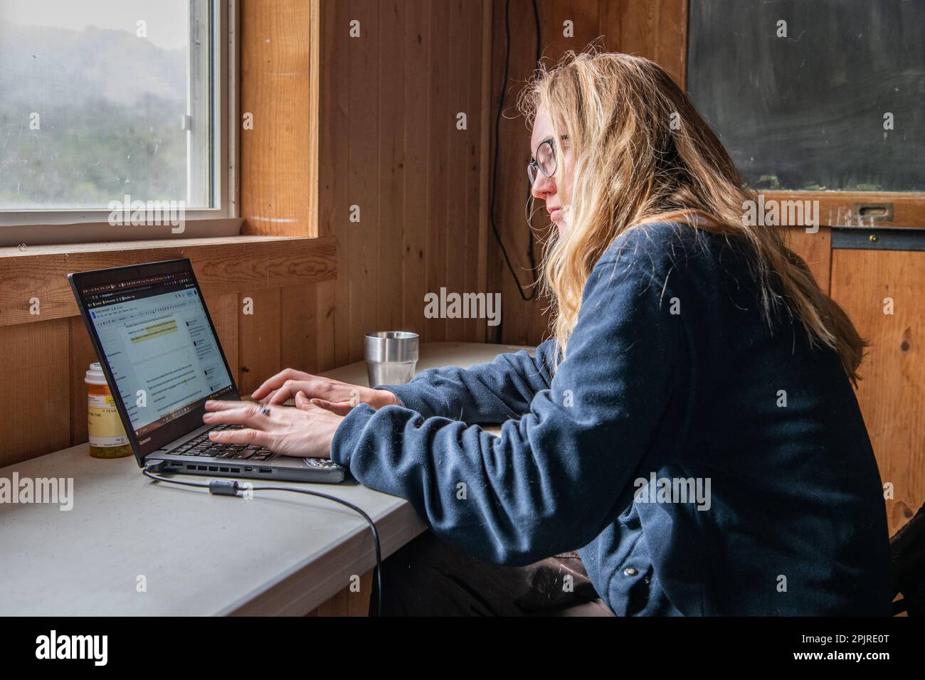A blonde female graduate student sits at a desk in front of a window ...