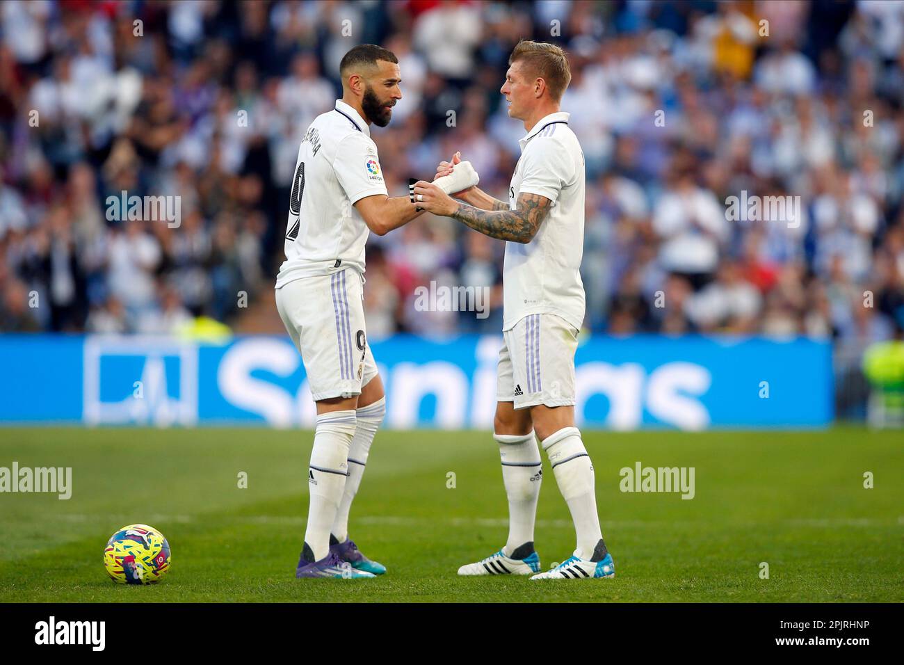 Madrid, Spain. 02nd Apr, 2023. Karim Benzema and Toni Kroos of Real ...