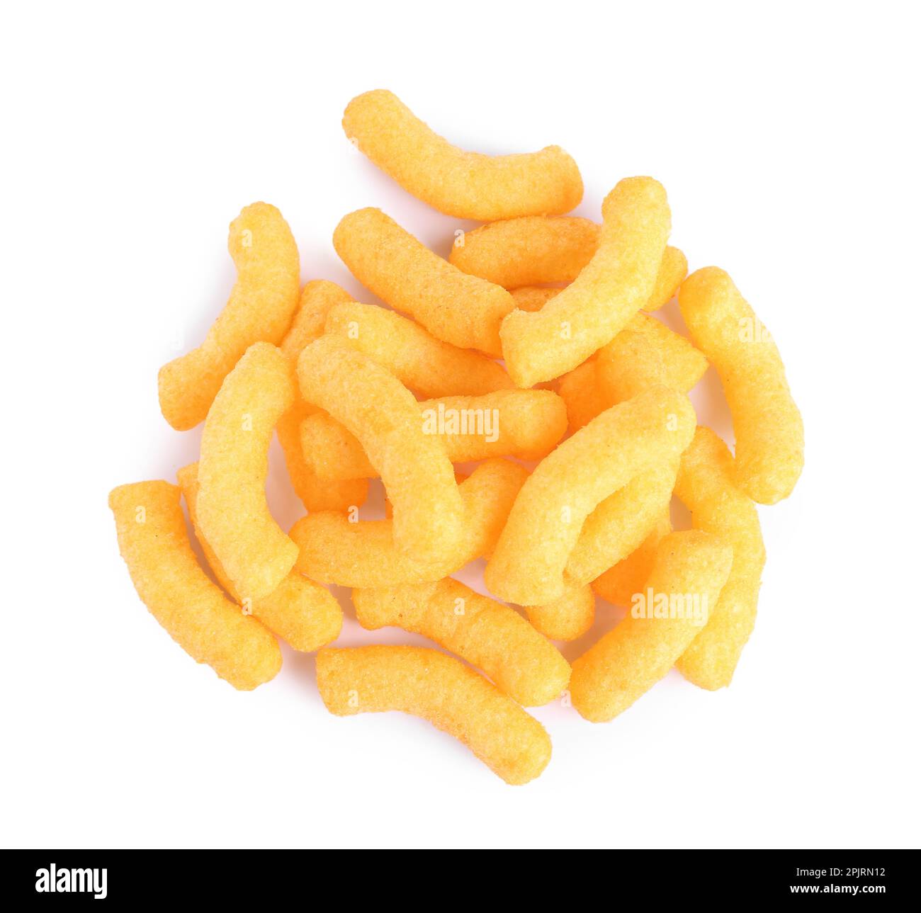 Many tasty cheesy corn puffs isolated on white, top view Stock Photo ...