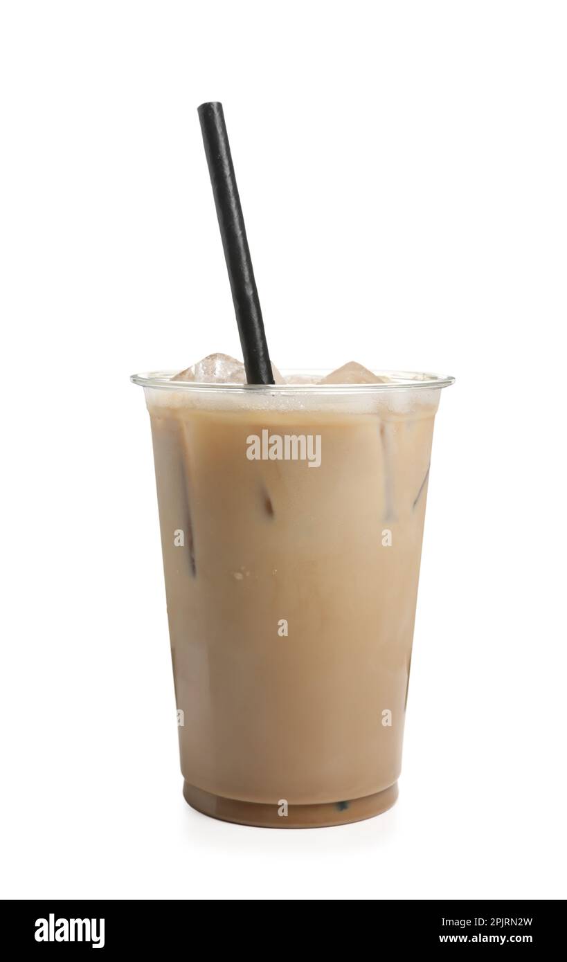 Takeaway plastic cup with cold coffee drink and straw isolated on white ...