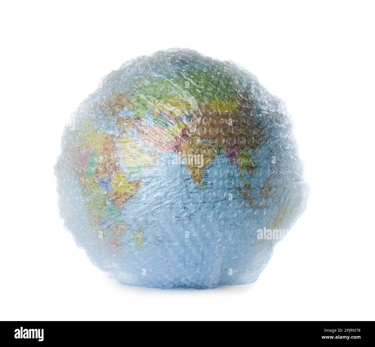 Globe packed in bubble wrap isolated on white. Environmental ...