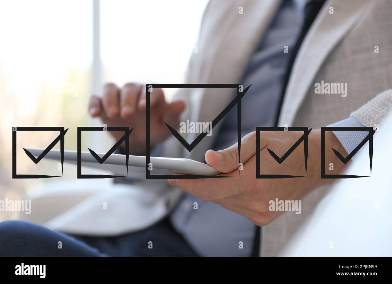 Illustration of check boxes with marks and man using tablet indoors ...