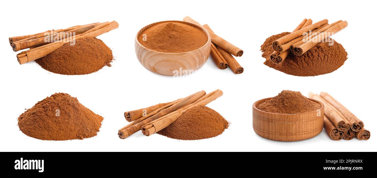Set with aromatic cinnamon sticks and powder on white background ...