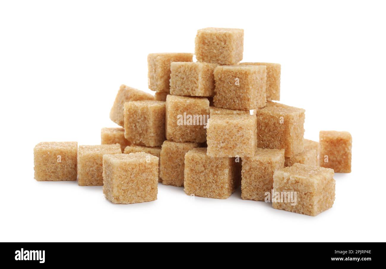 Pile of cubes with brown sugar on white background Stock Photo - Alamy