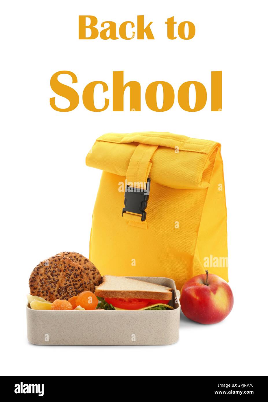 Lunch box with appetizing food and bag on white background Stock Photo ...