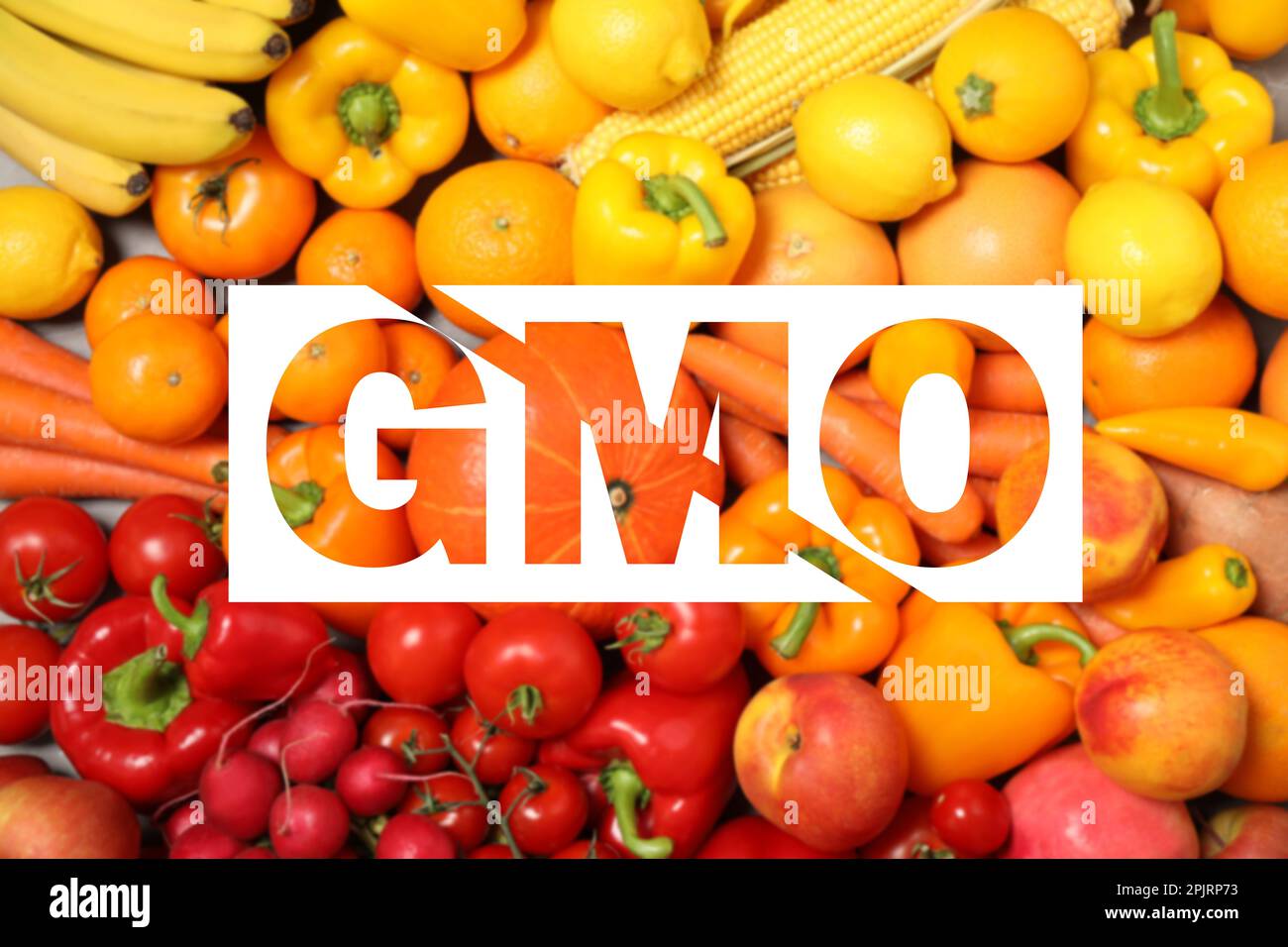 Card with text NO GMO and assortment of organic fresh fruits and ...