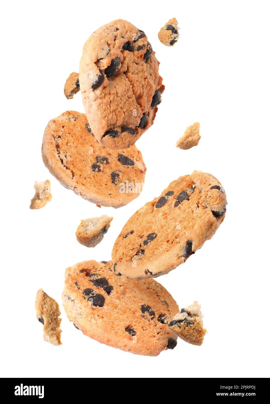 Delicious chocolate chip cookies falling on white background Stock ...