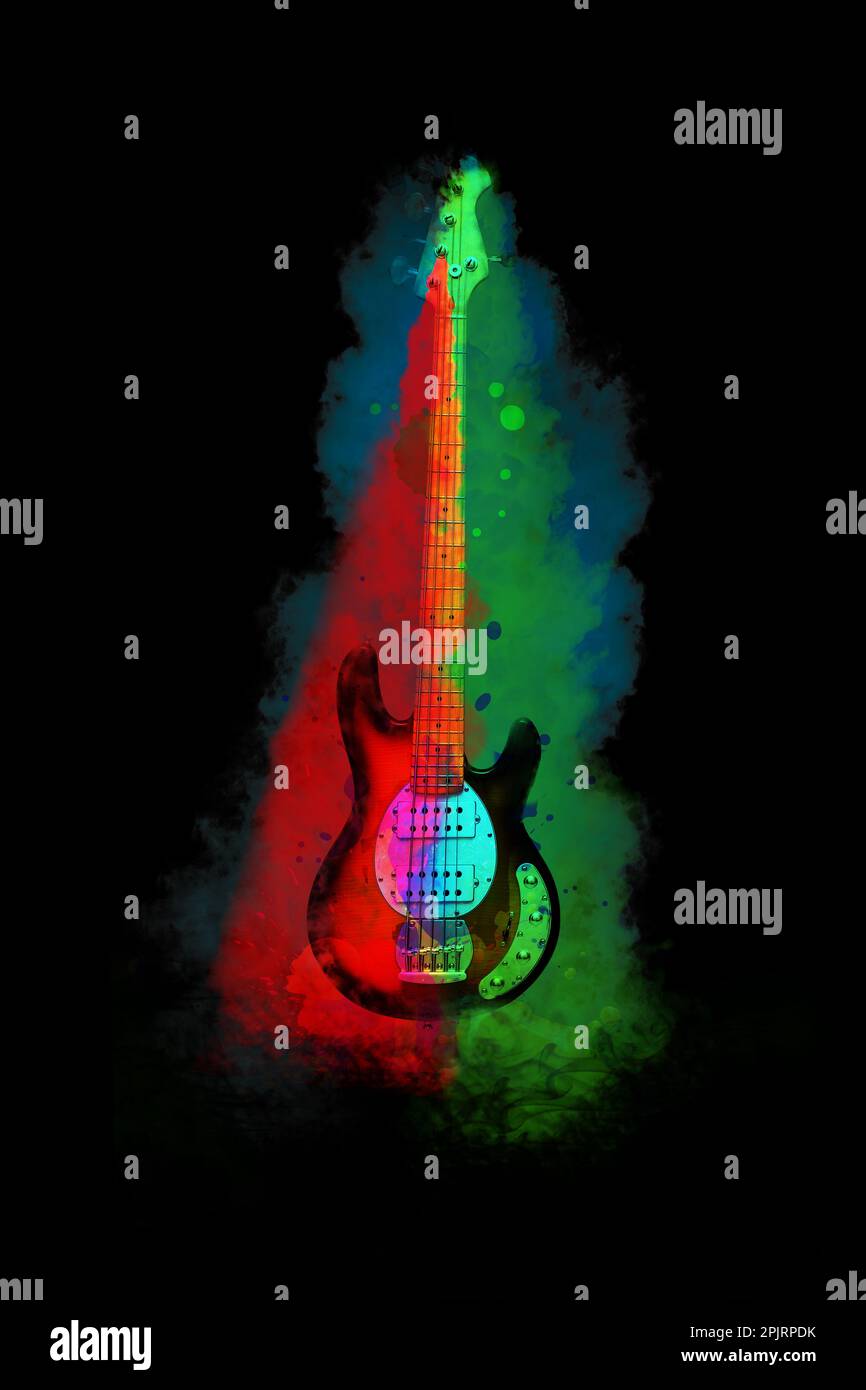 Bright colorful design with electric guitar on black background. Rock ...