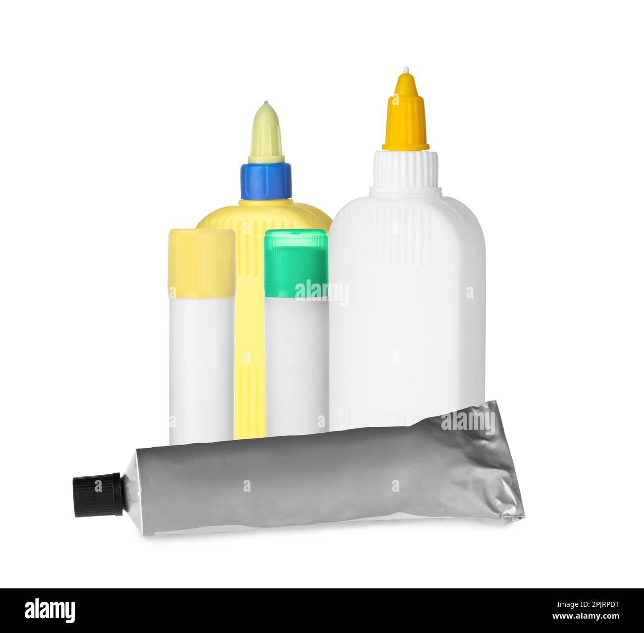 Set with tube, bottles and sticks of glue on white background Stock ...