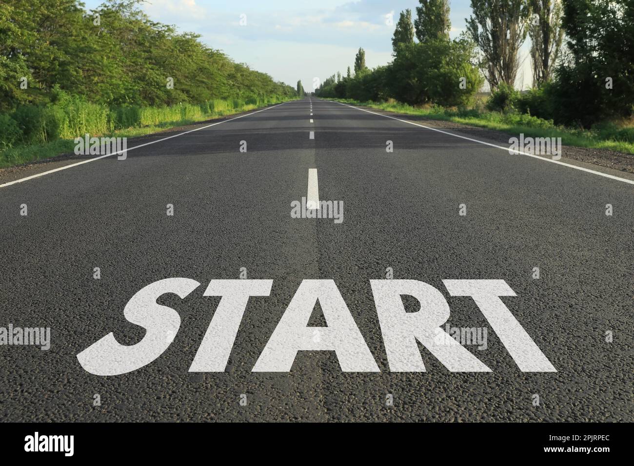View of modern asphalt road with word Start in countryside Stock Photo ...