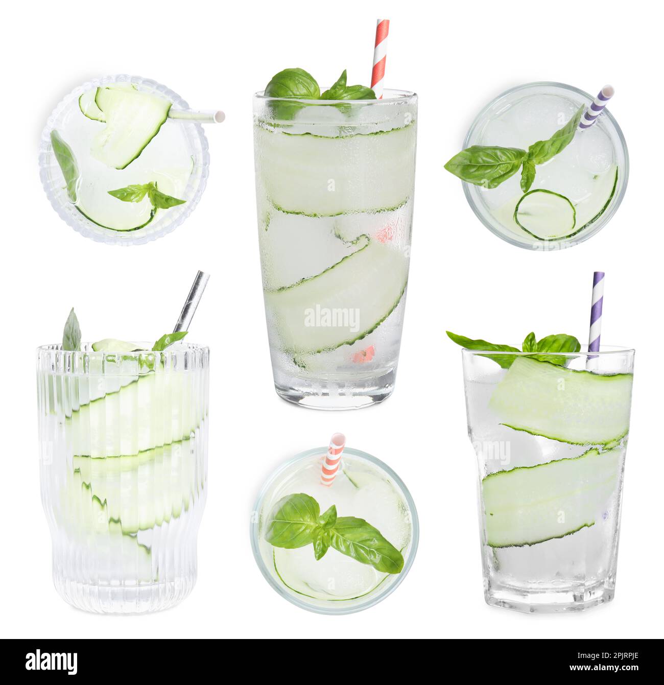 Set of glasses with refreshing cucumber water on white background Stock Photo - Alamy