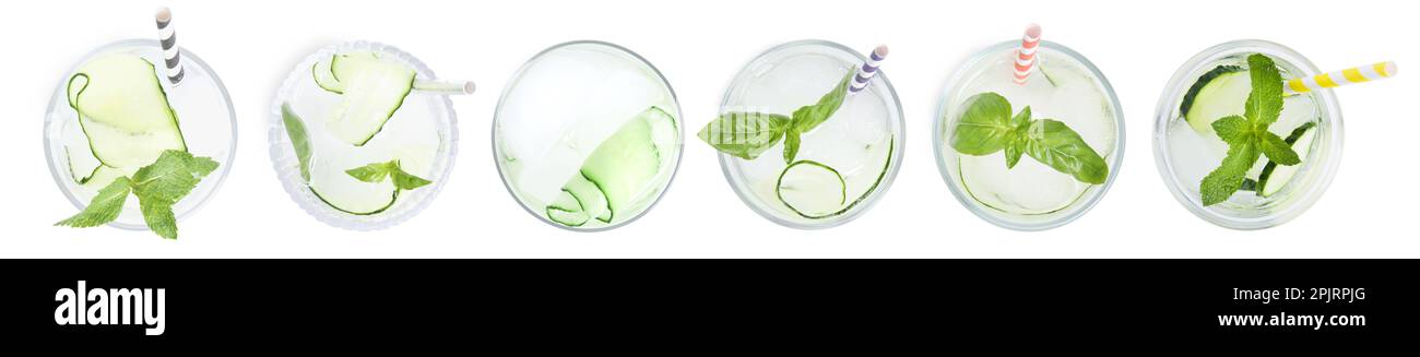 Set of glasses with refreshing cucumber water on white background, top view. Banner design Stock ...