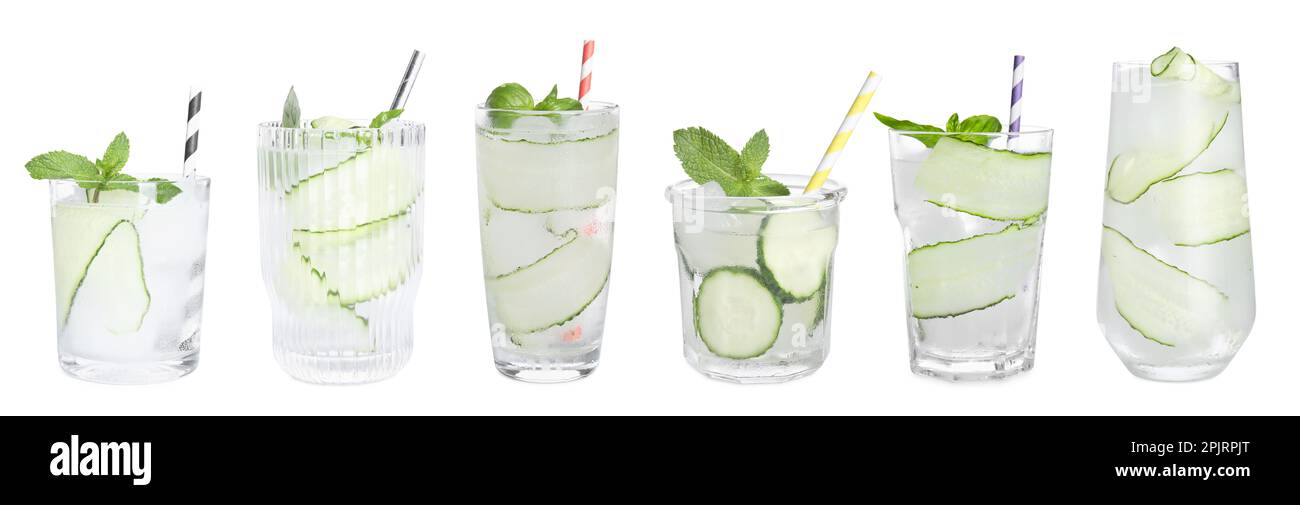 Set of glasses with refreshing cucumber water on white background. Banner design Stock Photo - Alamy