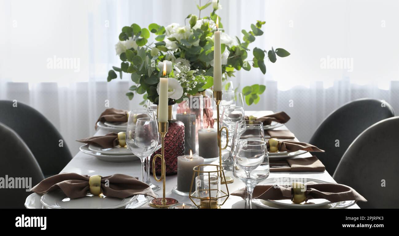 Festive table setting with beautiful decor indoors. Banner design Stock ...