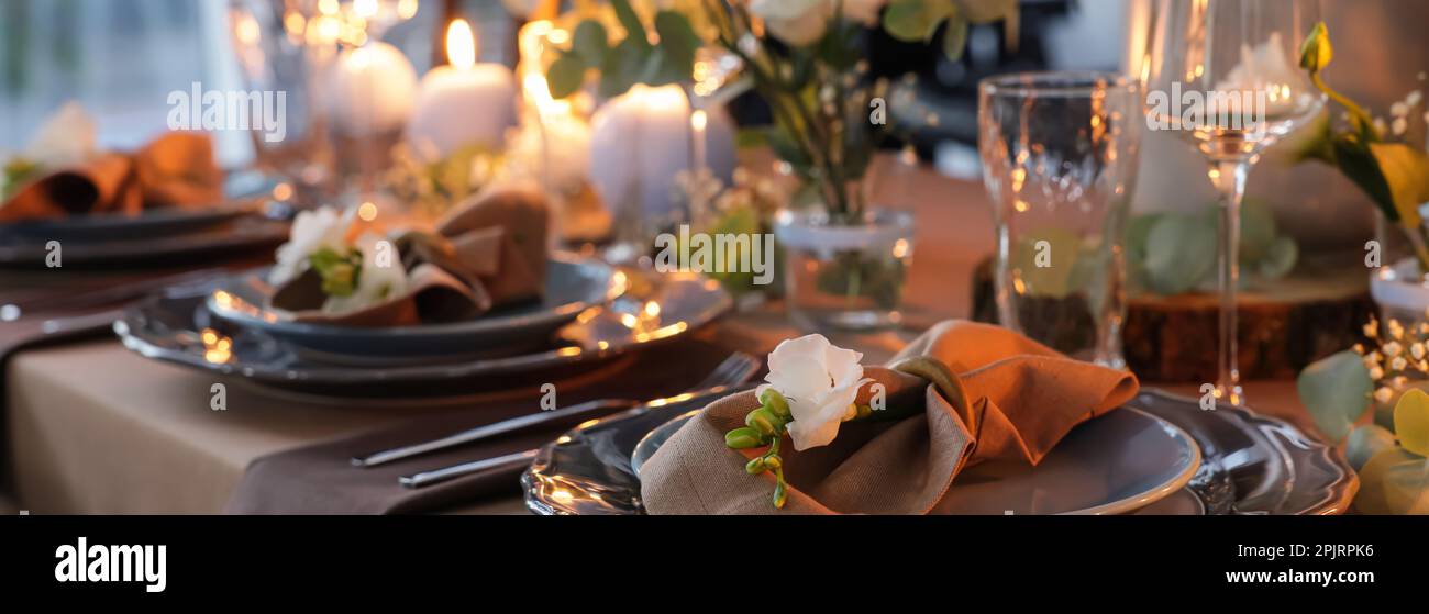 Elegant table setting with beautiful floral decor. Banner design Stock ...