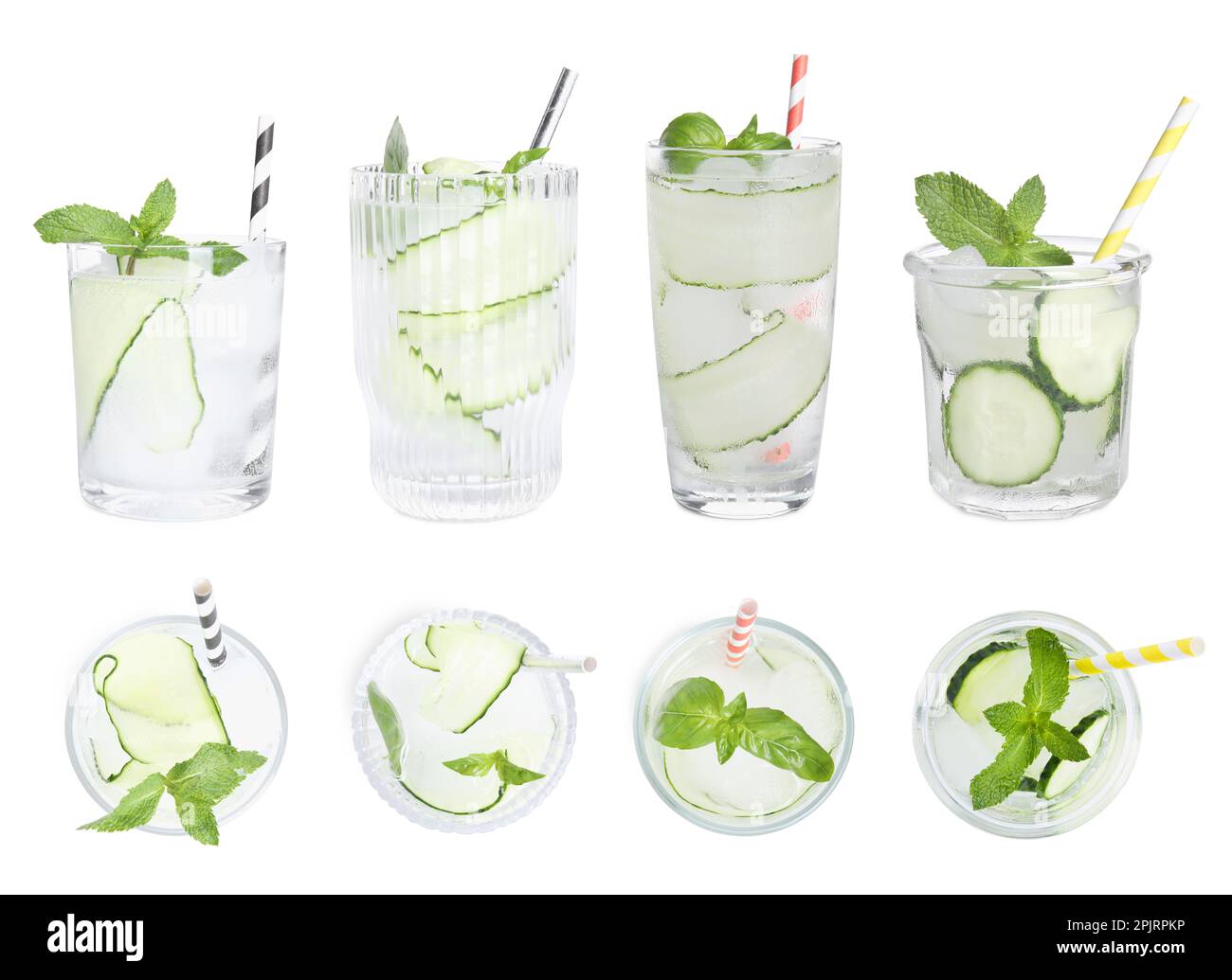Set of glasses with refreshing cucumber water on white background, top and side views Stock ...