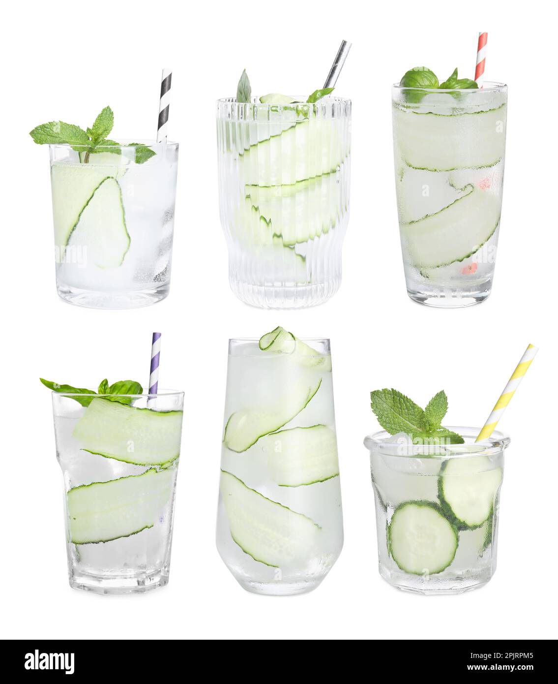 Set of glasses with refreshing cucumber water on white background, top view Stock Photo - Alamy