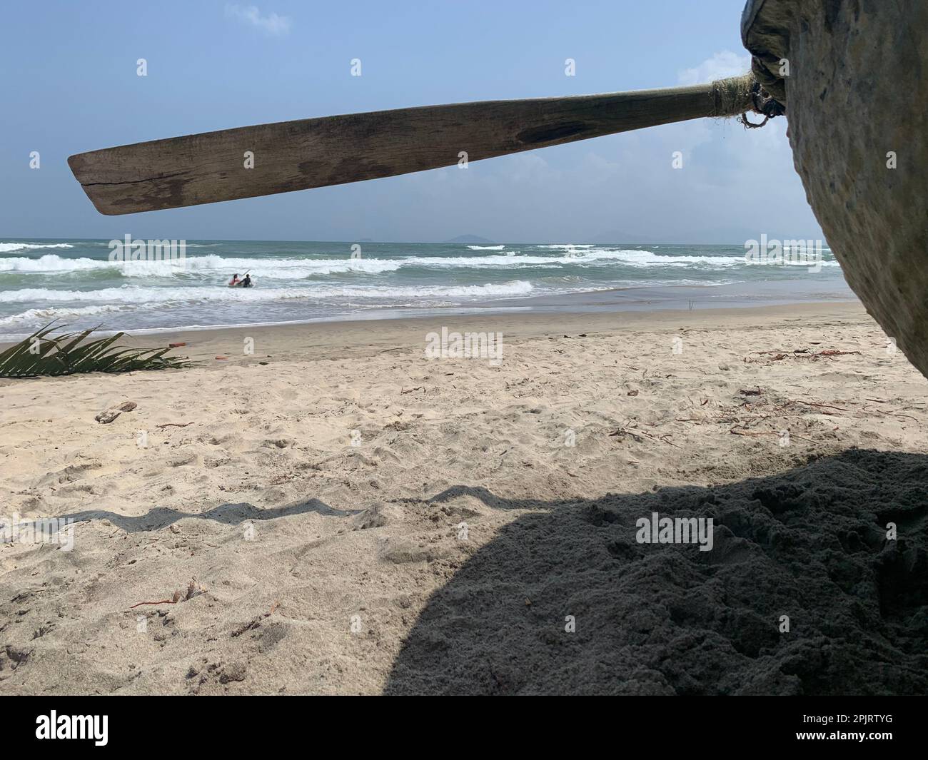 Fishermans view under an oar of the beach and sea in Vietnam Stock ...