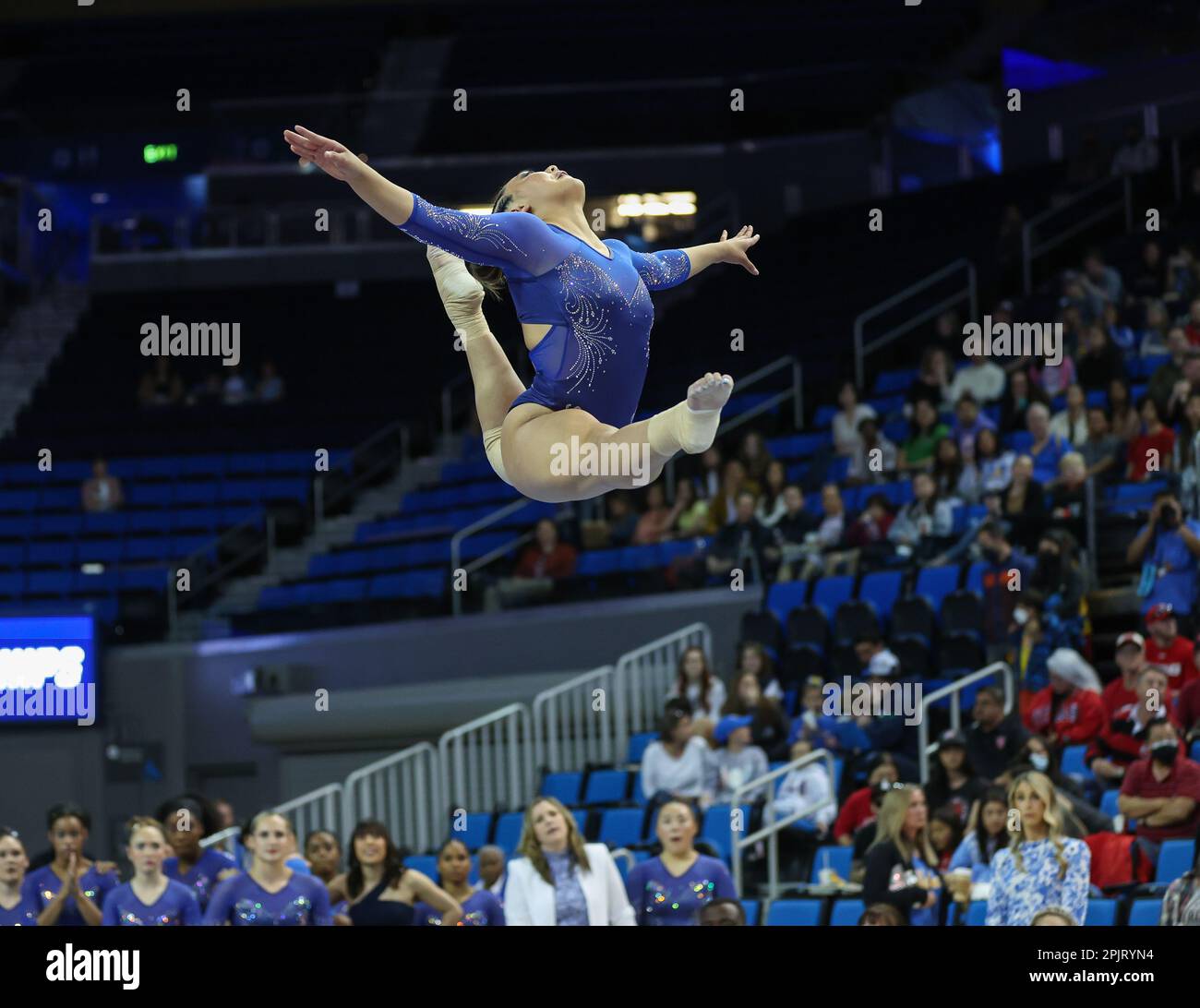 Los Angeles, OK, USA. 1st Apr, 2023. UCLA's Emma Malabuyo leaps into ...