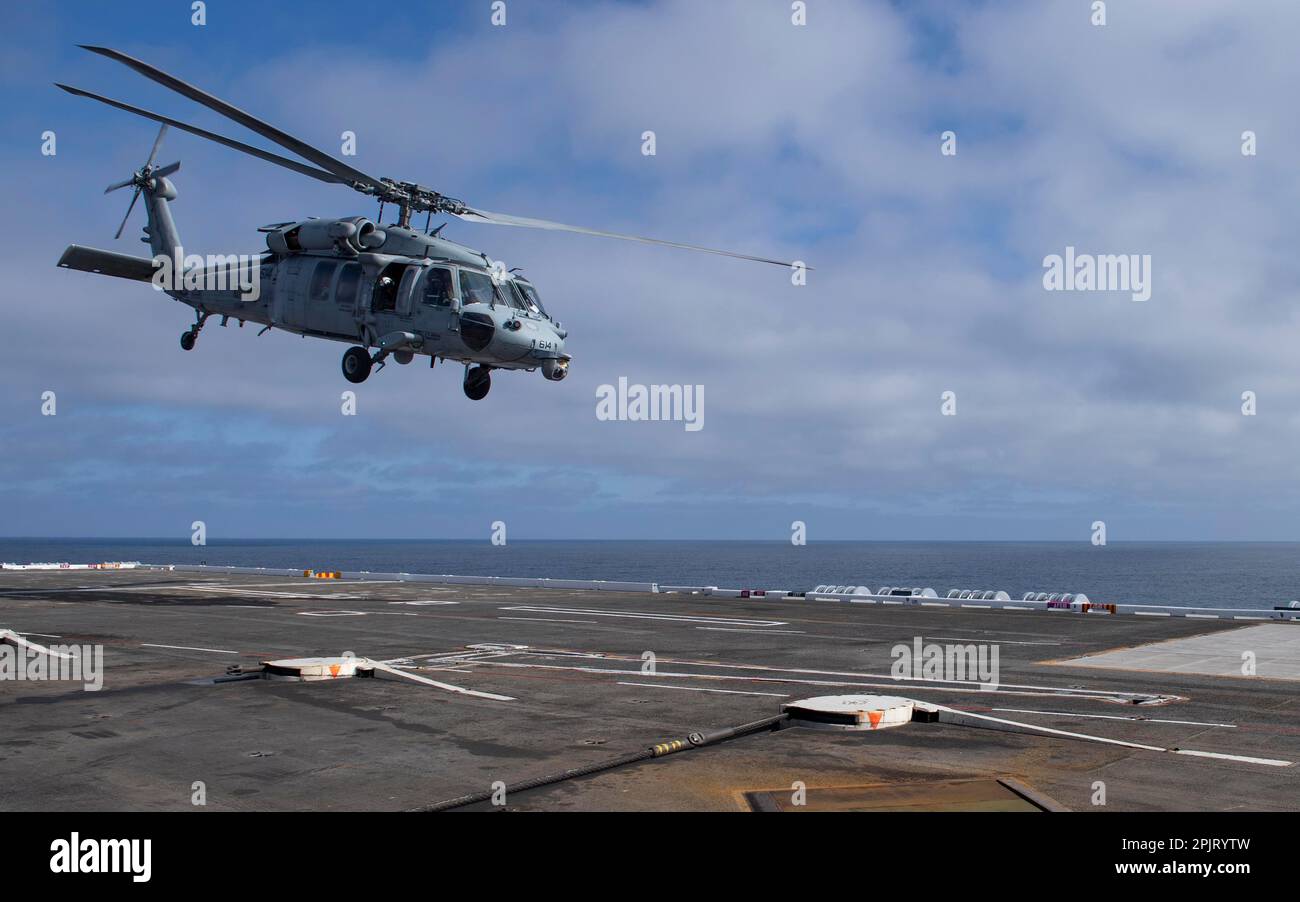 PACIFIC OCEAN (April 2, 2023) – An MH-60S Sea Hawk, assigned to the ...